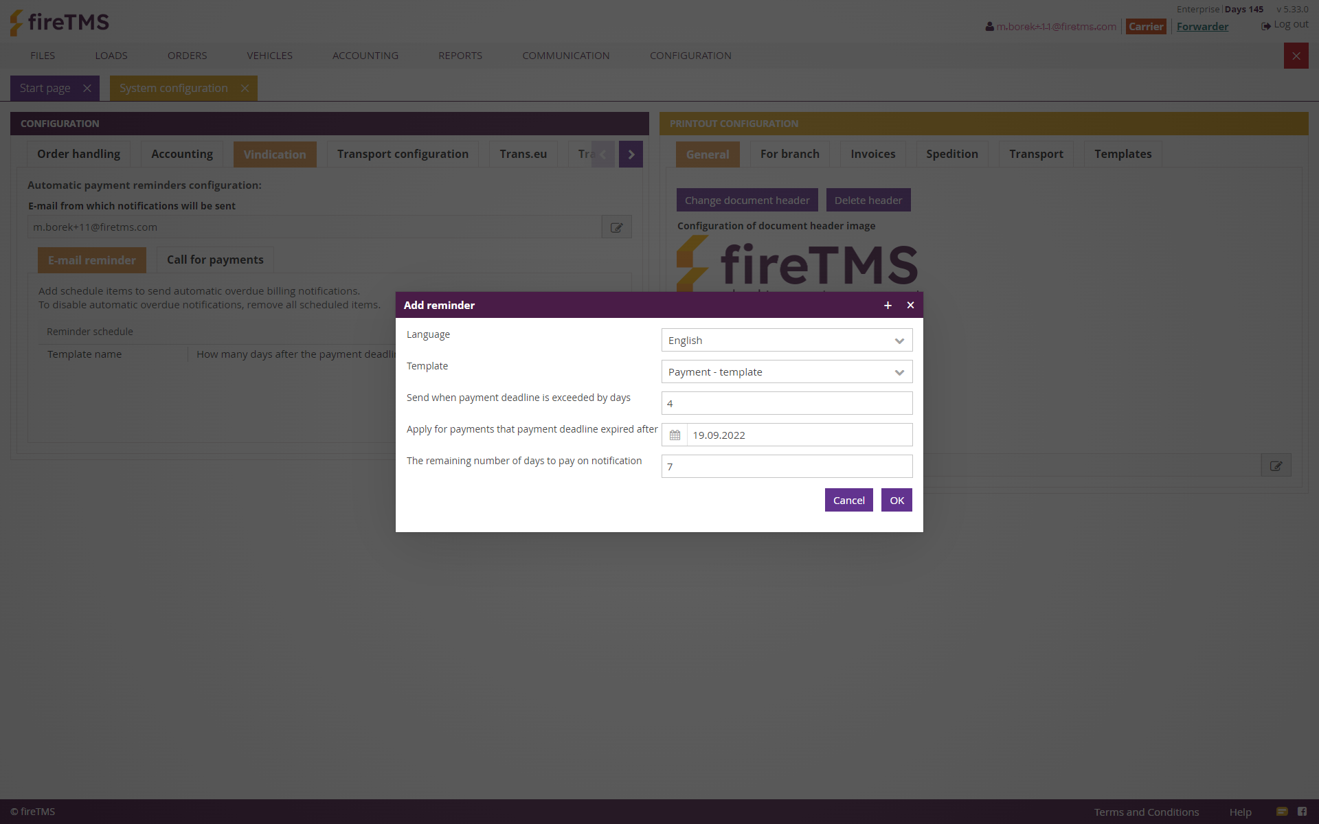 Carrier portal and client panel in the fireTMS transport and forwarding ...